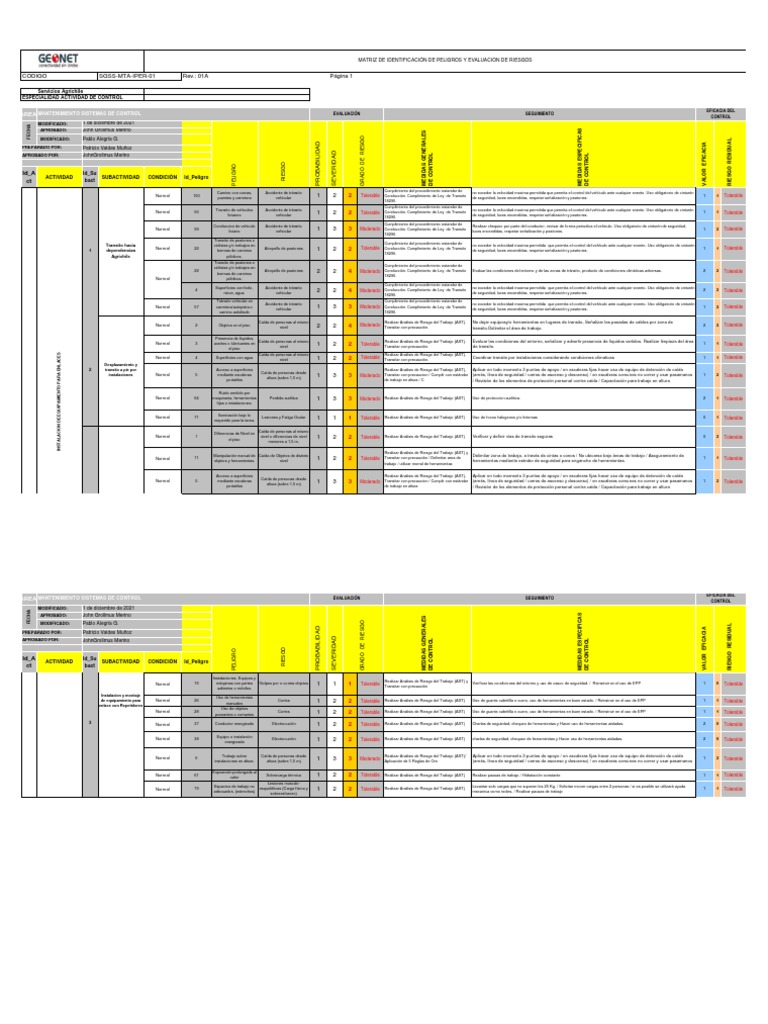 MIPER-GEONET-01. - Matriz de Riesgos Trabajos Agrichile | PDF | Peatonal | Accidente de tráfico