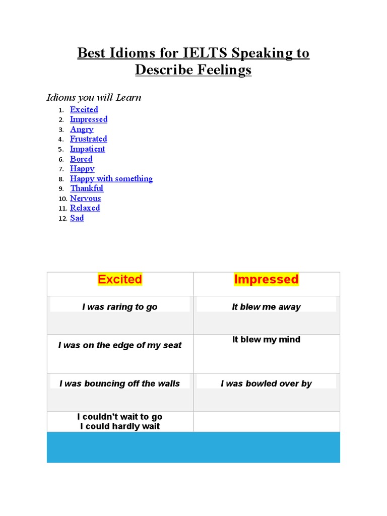 Idioms for Describing Feelings in IELTS | PDF | Language Arts ...