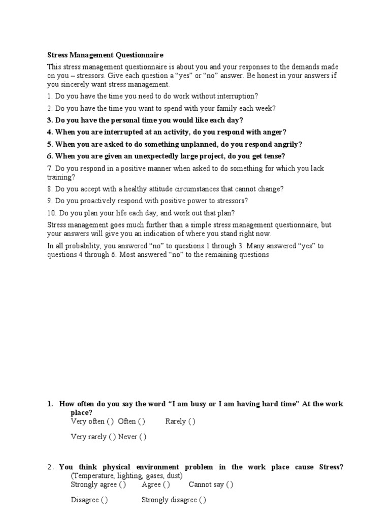 Stress Management Questionnaire | PDF | Stress Management | Stress ...