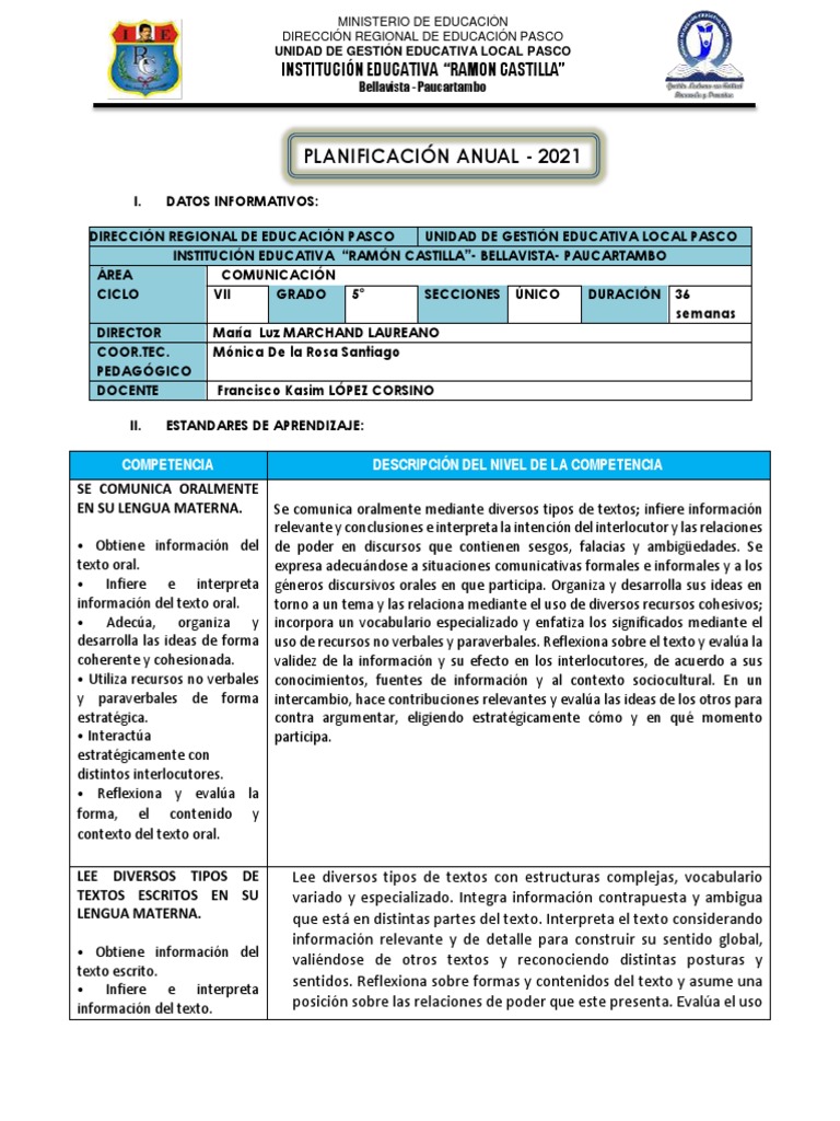 PLANIFICACION ANUAL 5°grado | PDF | Aprendizaje | Evaluación