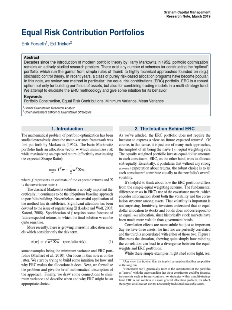 Equal Risk Contribution Portfolios: Erik Forseth, Ed Tricker | PDF ...