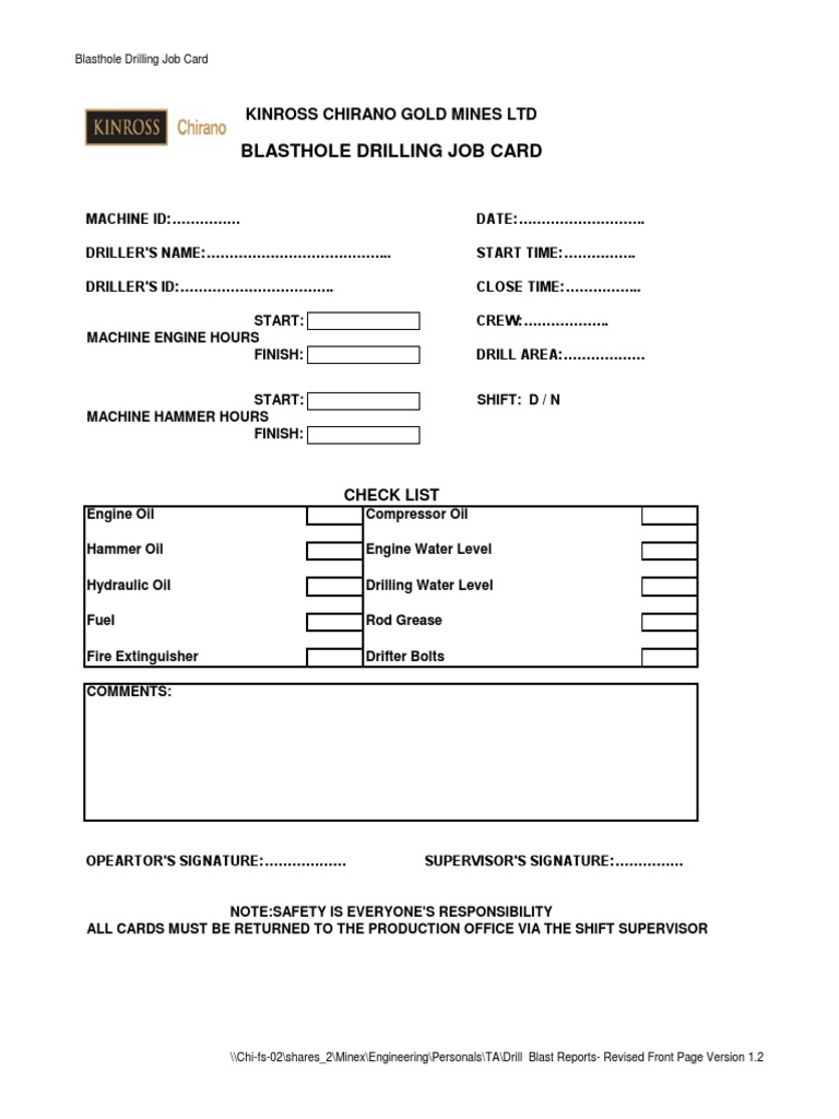 BlastHole Drill Job Card | PDF | Drill | Drilling