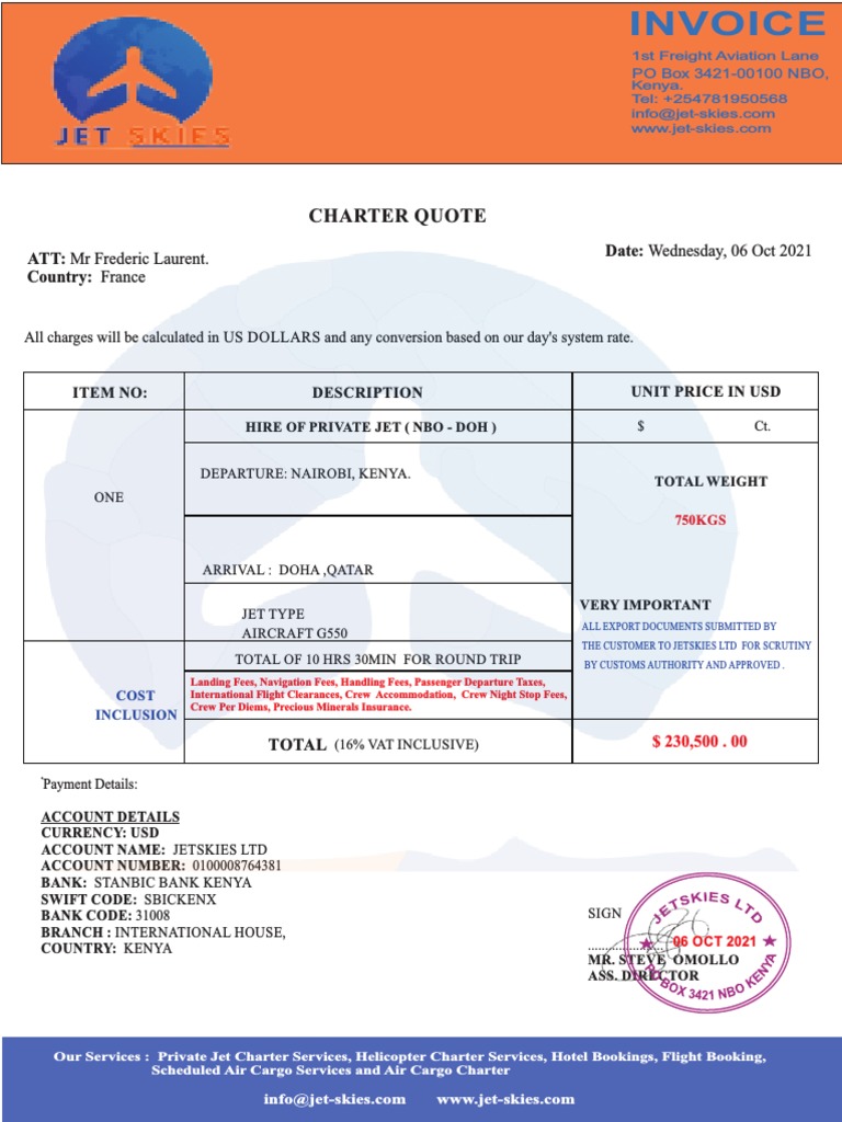 Charter Quote: Date: Wednesday, 06 Oct 2021 ATT: MR Frederic Laurent ...