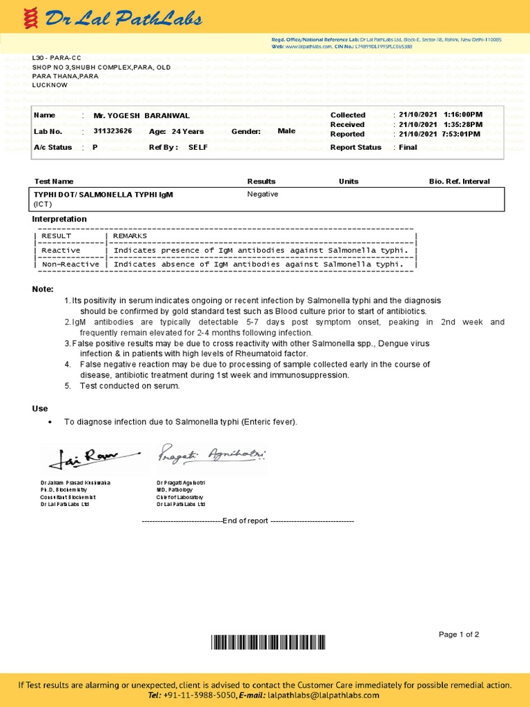 Typhidot Test Report for Mr. Yogesh | PDF | Infection | Medicine