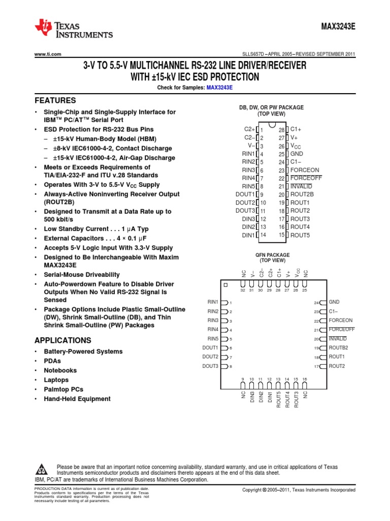 3-V To 5.5-V Multichannel Rs-232 Line Driver/Receiver With 15-Kv Iec Esd Protection | PDF ...