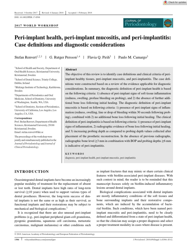Peri-Implant Health, Peri-Implant Mucositis, and Peri-Implantitis: Case Definitions and ...