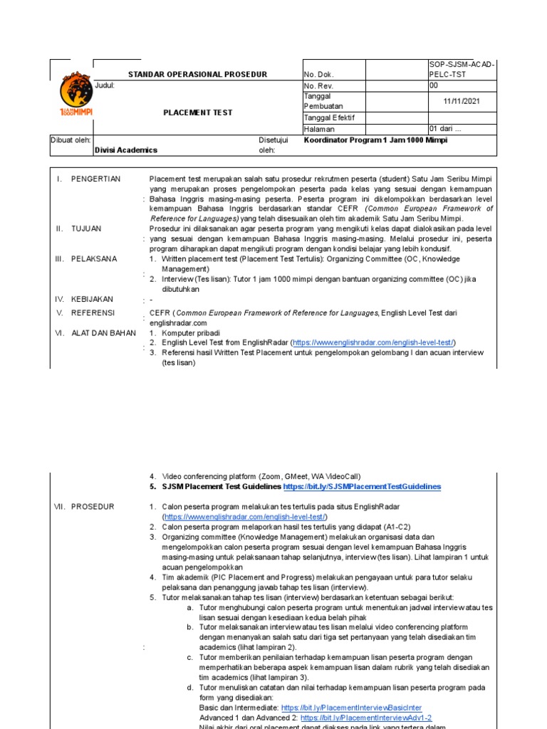 SOP Placement Test Ver.2 | PDF