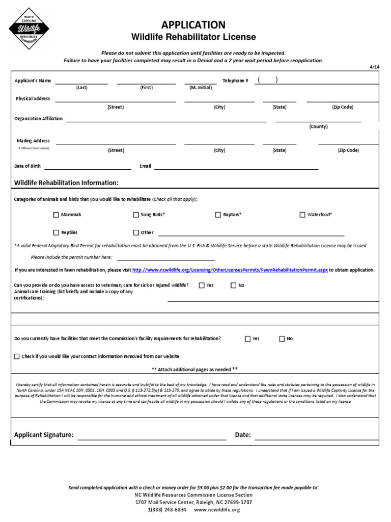 NC Wildlife Rehabilitator License Application | PDF | License