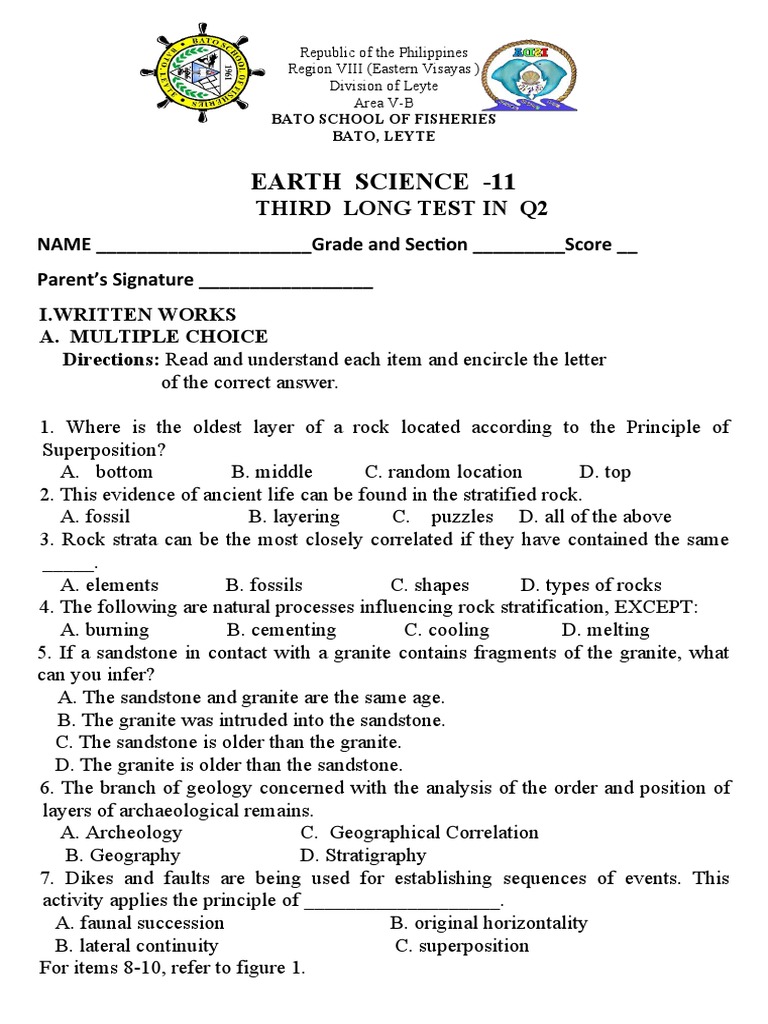 Bato School of Fisheries Earth Science Test | PDF | Stratigraphy | Rock ...