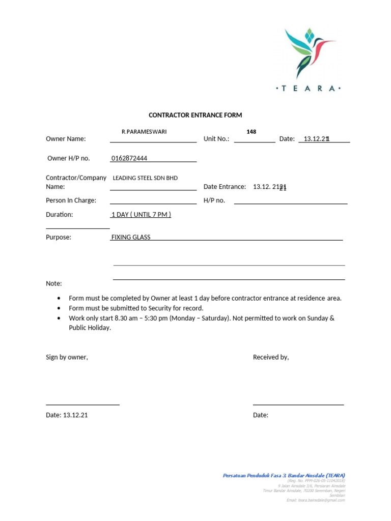 Contractor Entrance Form | PDF