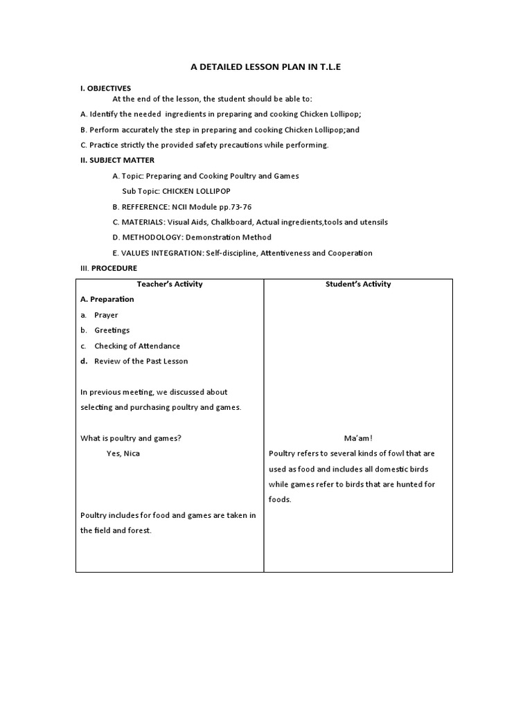A Detailed Lesson Plan in T | PDF | Poultry | Curry