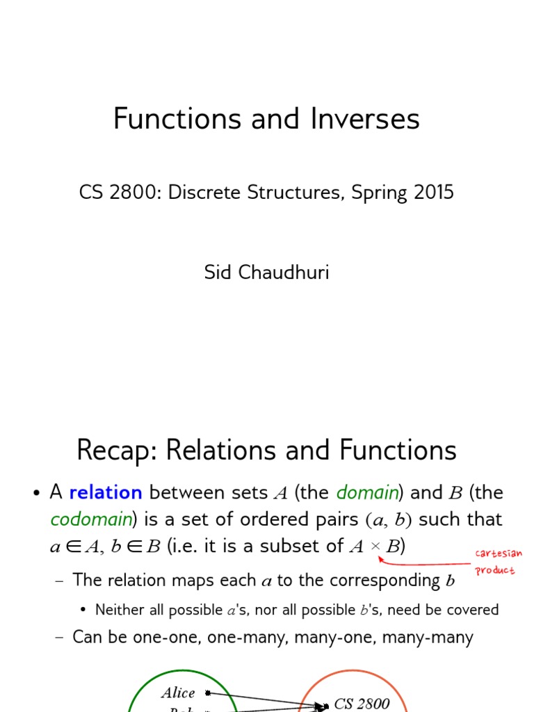Functions and Inverses: CS 2800: Discrete Structures, Spring 2015 Sid Chaudhuri | Download Free ...