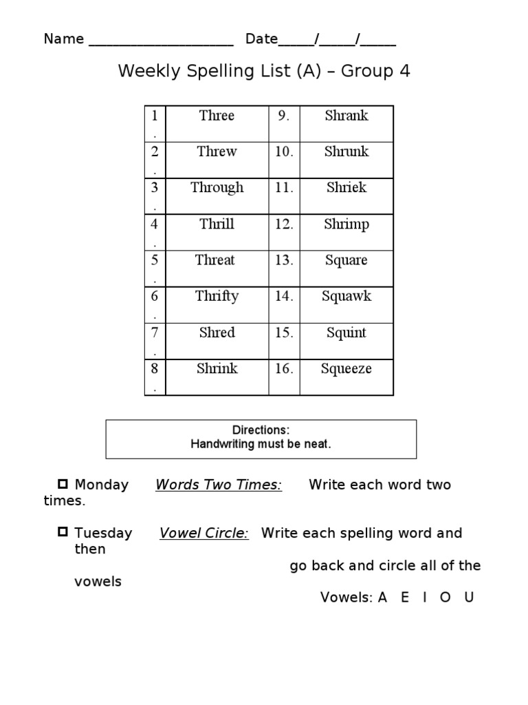 Weekly Spelling List A 5.9.11 Group4 | PDF | Linguistics | Languages