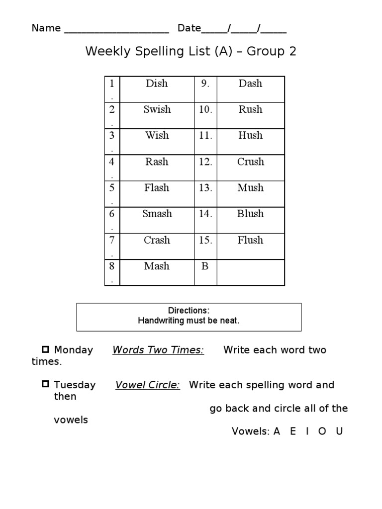Weekly Spelling List for Group 2 | PDF