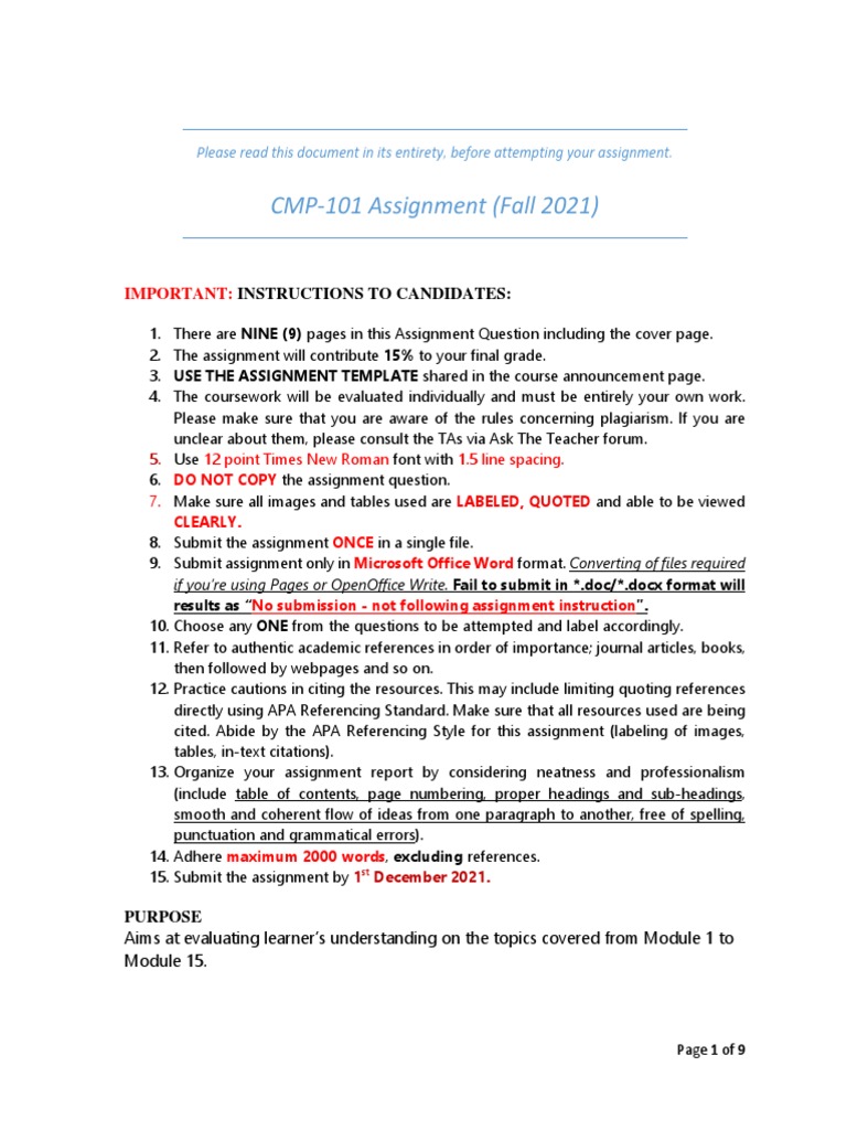CMP101 Assignment - Fall2021 | PDF | Plagiarism | Cloud Computing