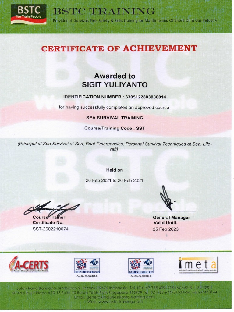 E-Certificate BSTC In-House Sea Survival Training SST SIGIT YULIYANTO 26th February 2021 ...