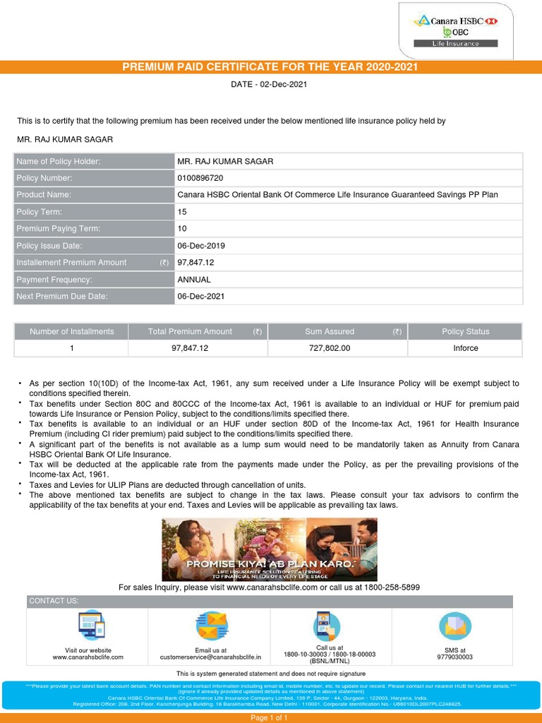 Premium Paid Certificate For The Year 2020-2021 | PDF | Life Insurance ...