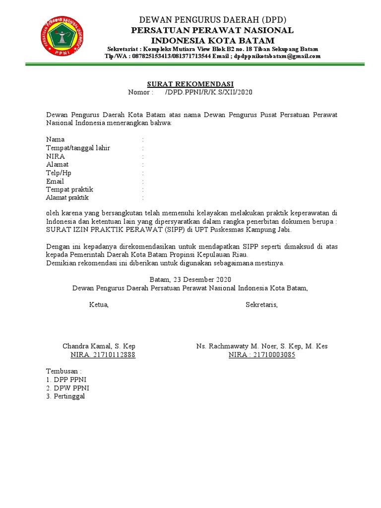 Soft File Rekom PPNI DPD Batam Tanda Tangan Ketua Dan Sekre | PDF