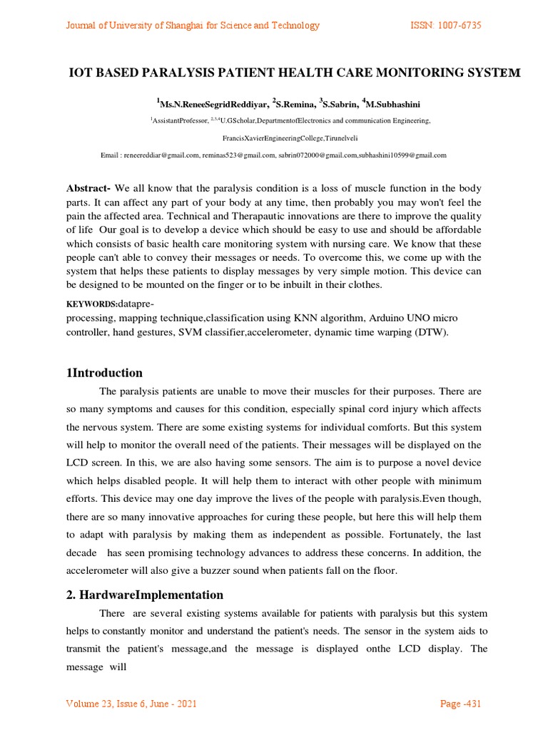 Iot Based Paralysis Patient Healthcare Monitoring System | PDF ...