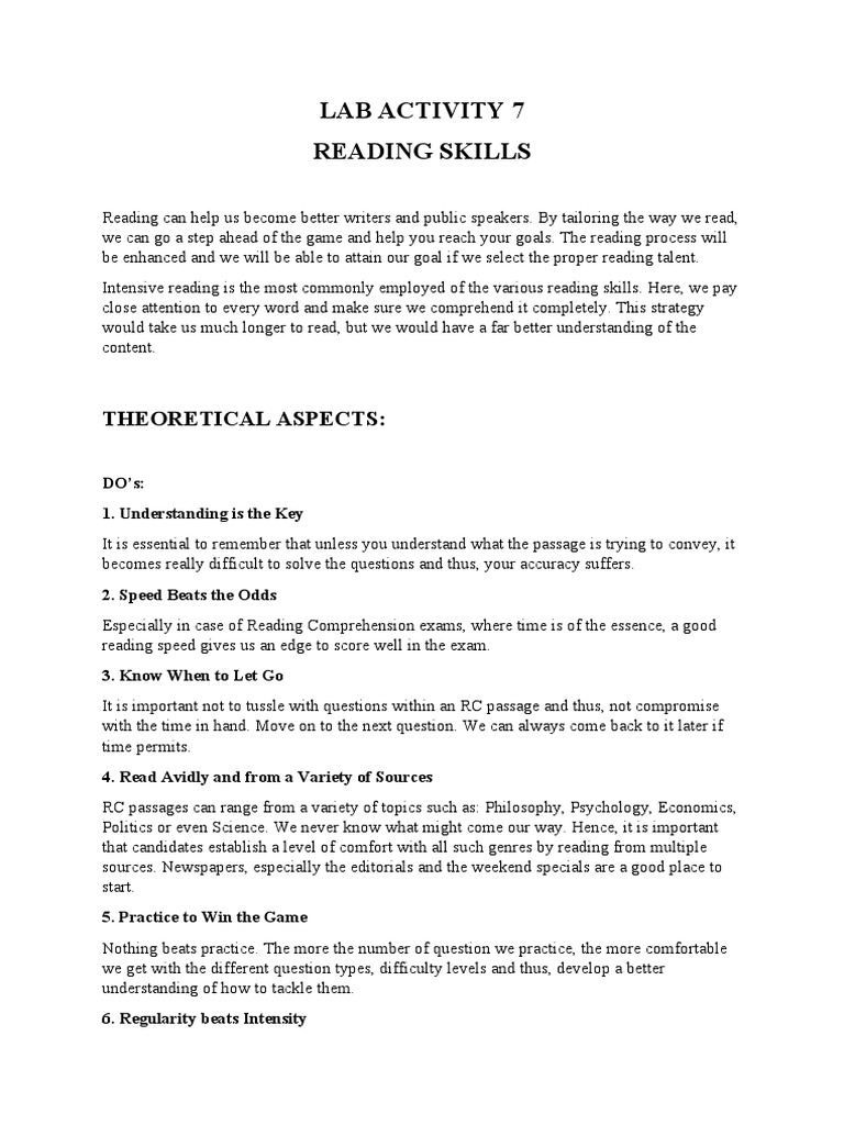 Lab Activity 7 Reading Skills: Theoretical Aspects | PDF | Reading ...