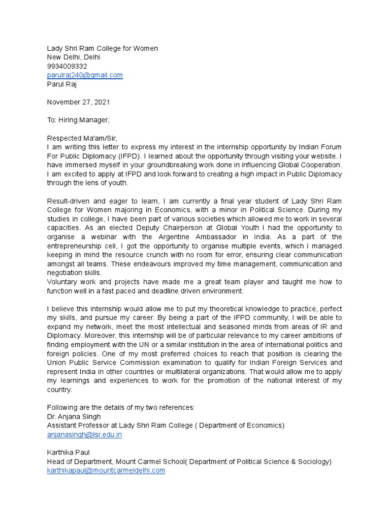 Cover Letter - IFPD | PDF | Economics | Internship