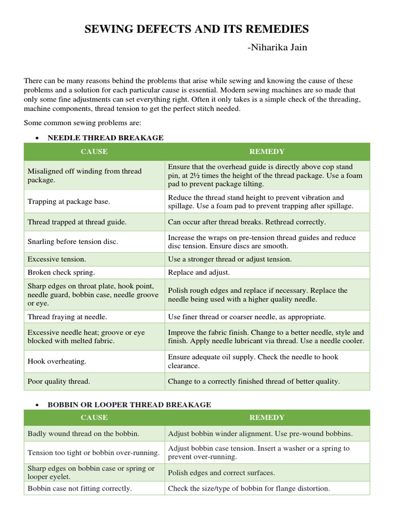 Sewing Defects: Causes and Remedies | PDF | Sewing Machine ...