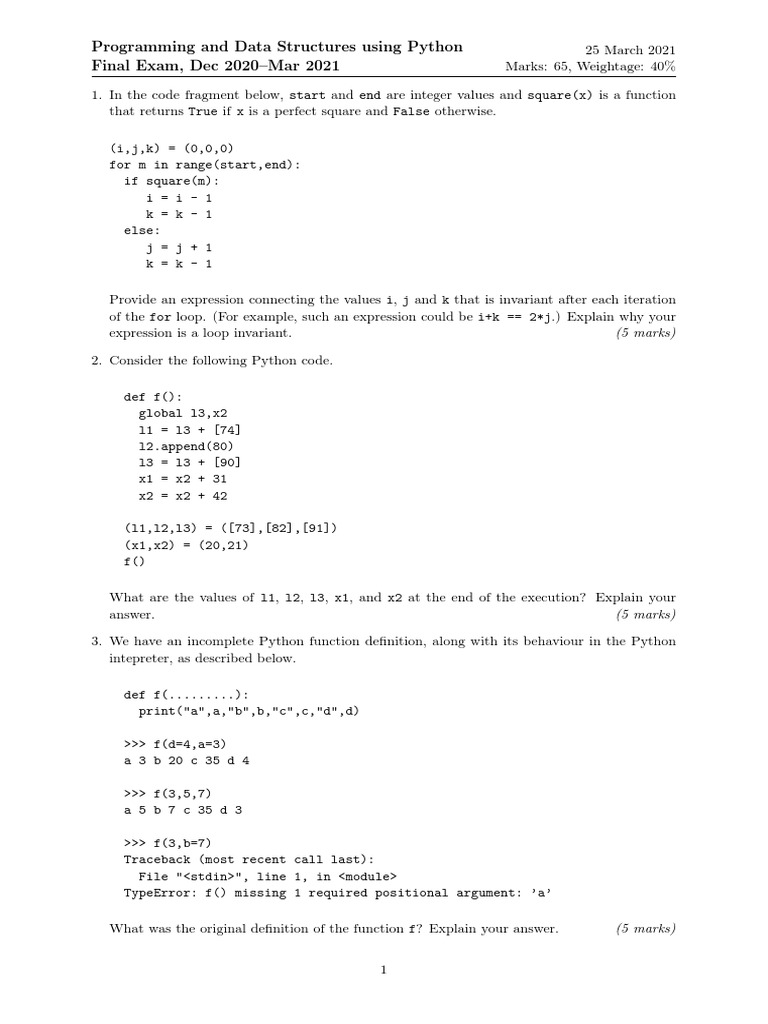 Programming and Data Structures Using Python Final Exam, Dec 2020-Mar 2021 | PDF | String ...