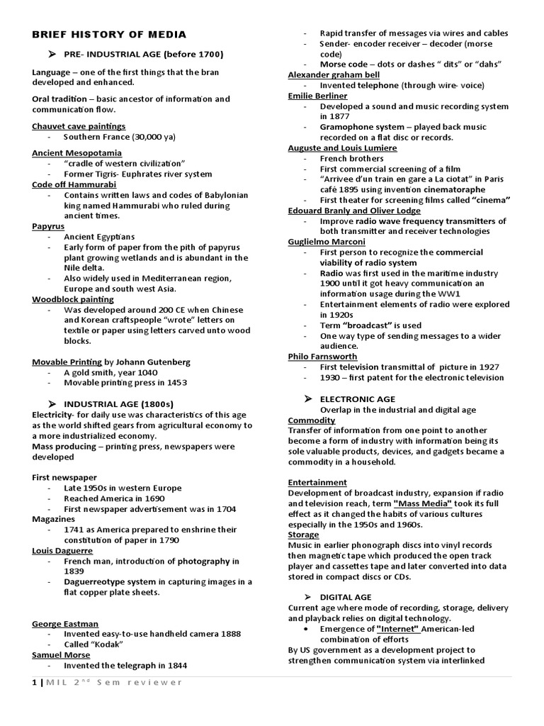 Brief History of Media PRE-INDUSTRIAL AGE (Before 1700) : Mil 2 Sem ...