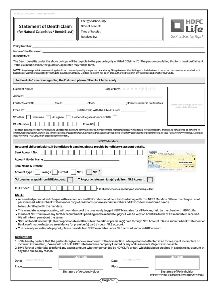 Death Claim Form Under Special Cases (Natural Disaster, Calamities ...