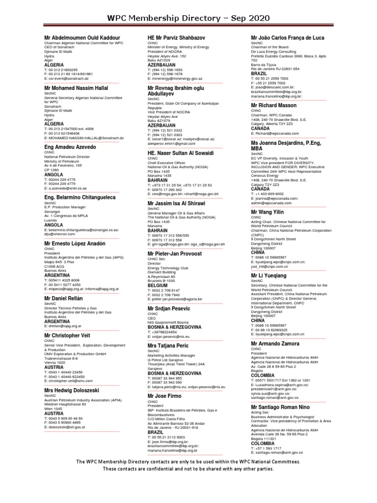 WPC Membership Directory September 2020 | PDF | Hydrocarbons | Petroleum