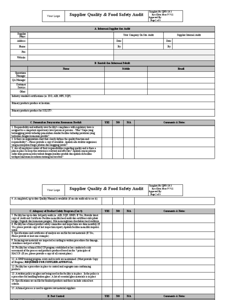 Supplier Quality & Food Safety Audit: Your Logo | PDF | Pallet | Foods