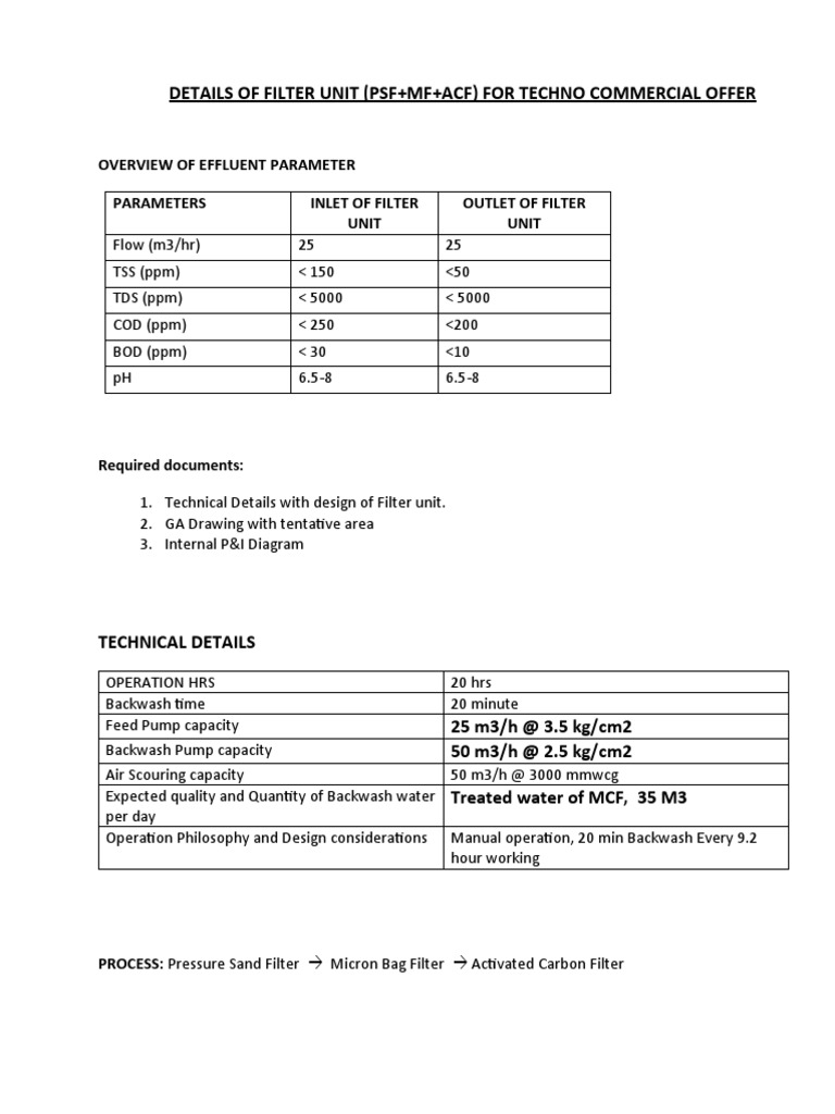 Details of Filter Unit (Psf+Mf+Acf) For Techno Commercial Offer | PDF ...