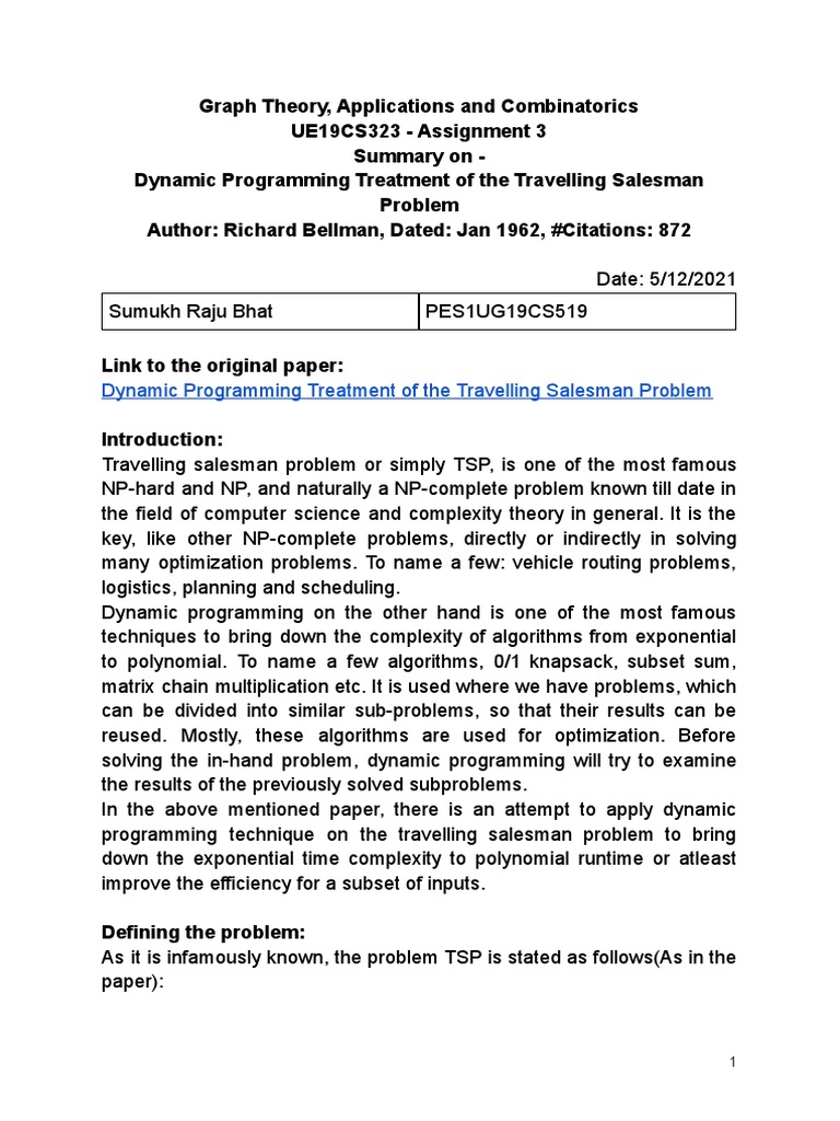 Dynamic Programming Treatment of The Travelling Salesman Problem | PDF ...