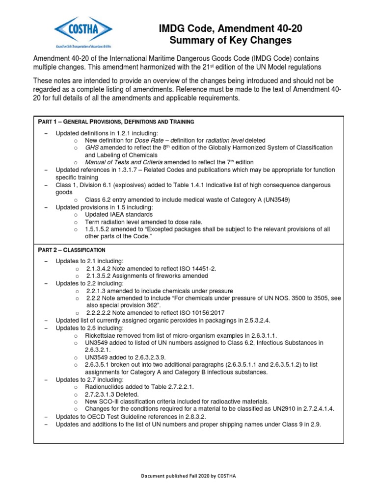 Costha Imdg Code 40 20 Amendement Summary Of Key Changes Pdf