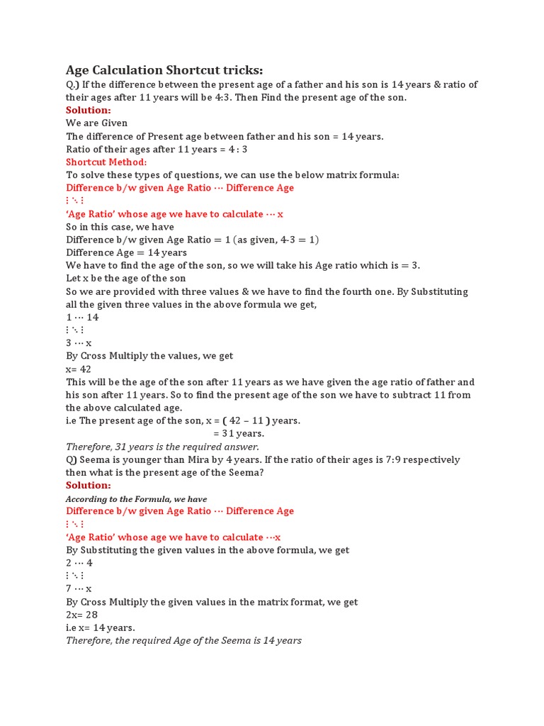 Age Calculation Shortcuts and Tricks | PDF | Formula | Matrix (Mathematics)