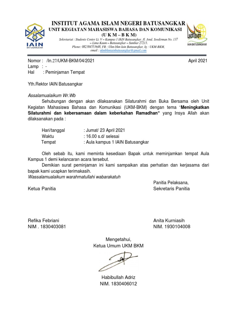 Surat Peminjaman Aula | PDF