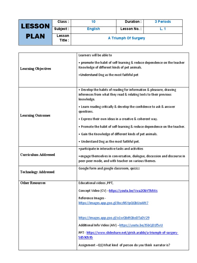Lesson Plan: Class: Duration: Subject: Lesson No.: Lesson Title | PDF ...