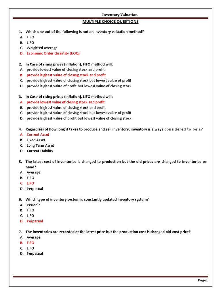 Multiple Choice Questions: D. Economic Order Quantity (EOQ) | PDF ...