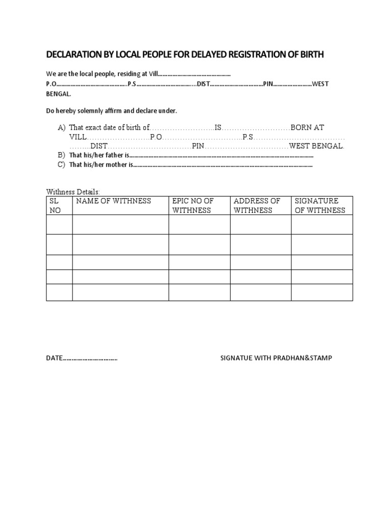 Declaration by Local People For Delayed Registration of Birth | PDF