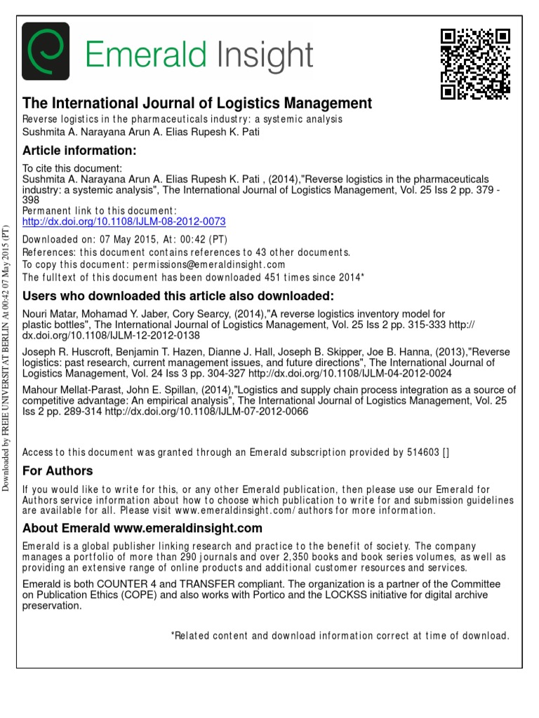 Reverse Logistics in The Pharmaceuticals Industry: A Systemic Analysis ...