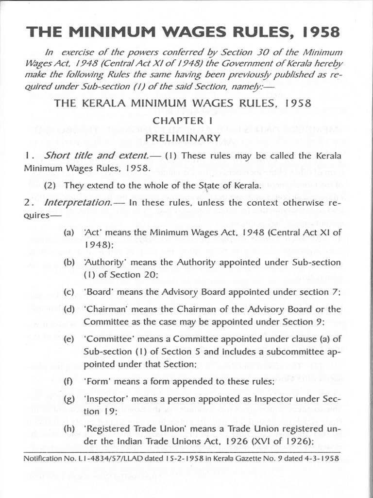 Kerala Minimum Wages Rules 1958 | PDF | Overtime | Employment