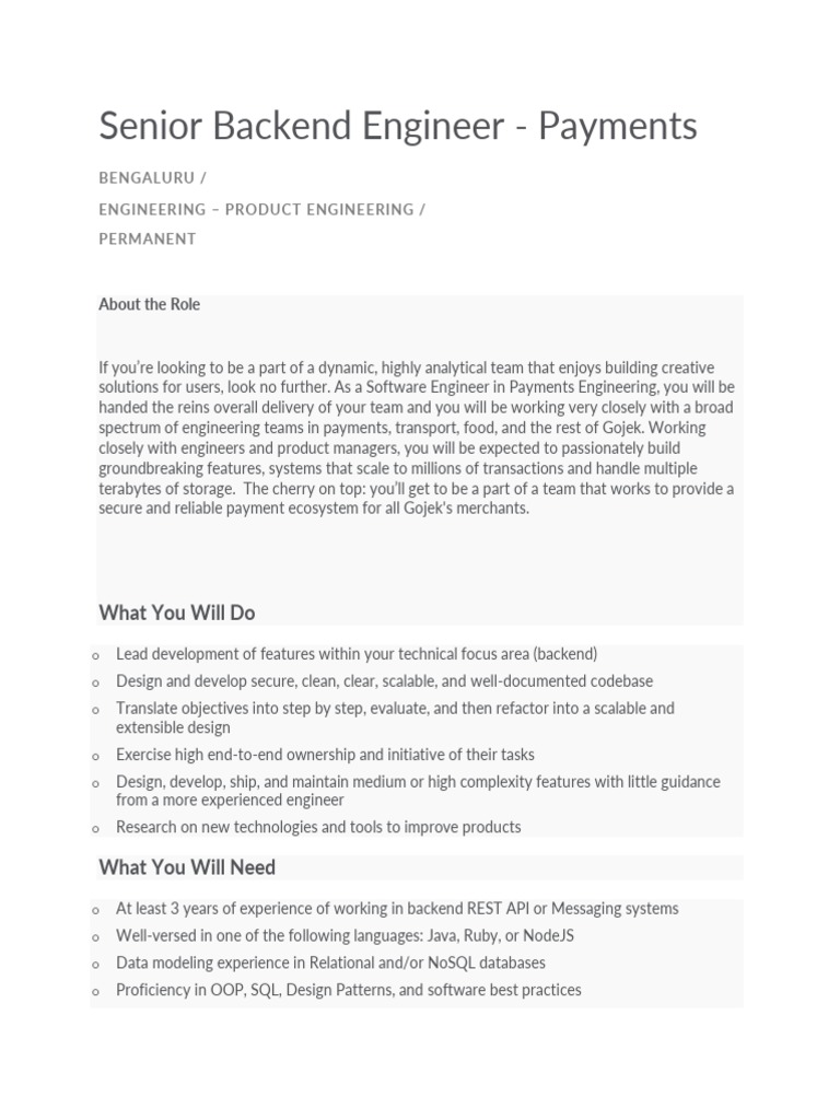 Senior Backend Engineer - Payments: What You Will Do | PDF | Computing ...