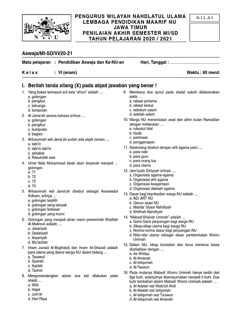 Aswaja MI-SD Kelas 6 PAS 20-21 | PDF
