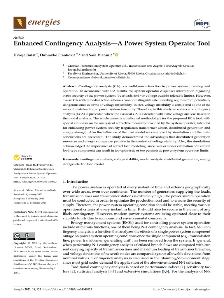 Energies: Enhanced Contingency Analysis-A Power System Operator Tool ...