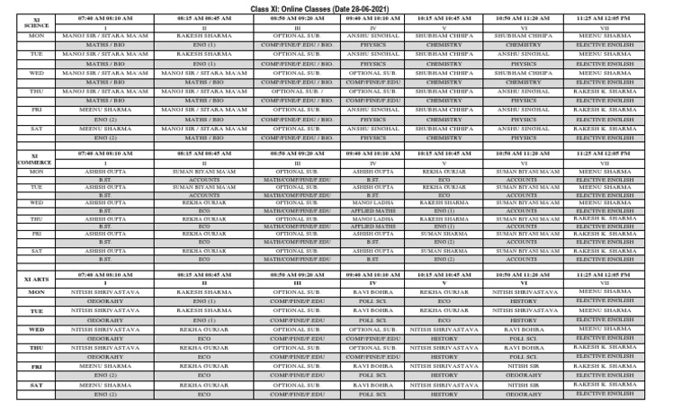 Class XI Time Table (Steward) | PDF | Physical Sciences | Nature