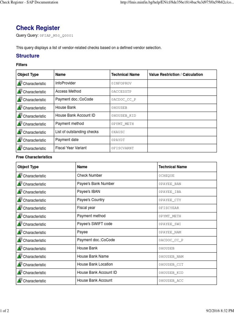 Check Register Items - SAP Documentation | PDF | Payments | Banking