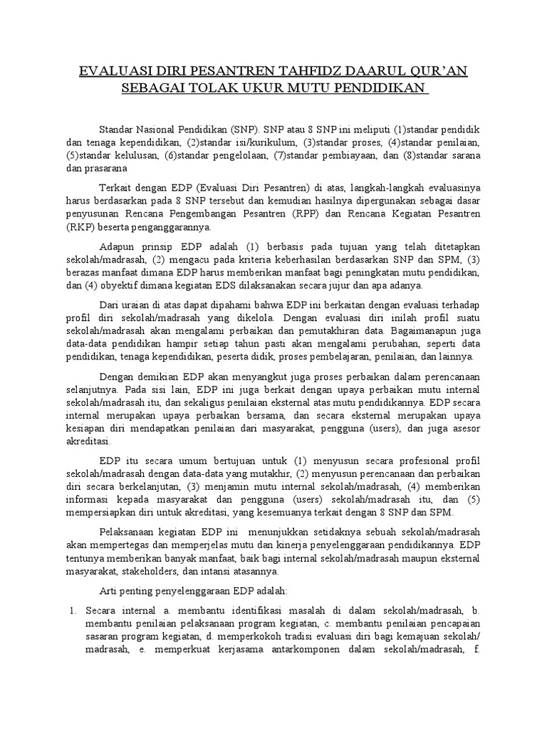 Evaluasi Diri Pesantren Sebagai Tolak Ukur Mutu Pendidikan Berbasis Pesantren | PDF