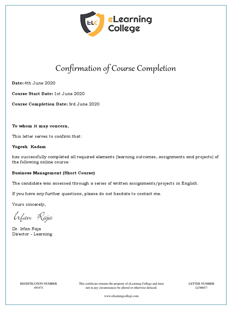 Business Management Short Course Completion Letter | PDF | Career & Growth