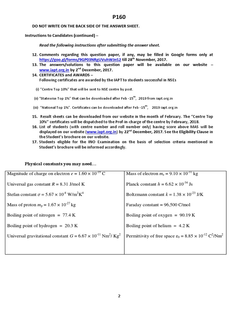 Read The Following Instructions After Submitting The Answer Sheet | PDF | Physical Sciences ...