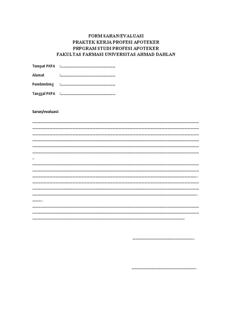 Form Saran/Evaluasi Praktek Kerja Profesi Apoteker Prpgram Studi ...